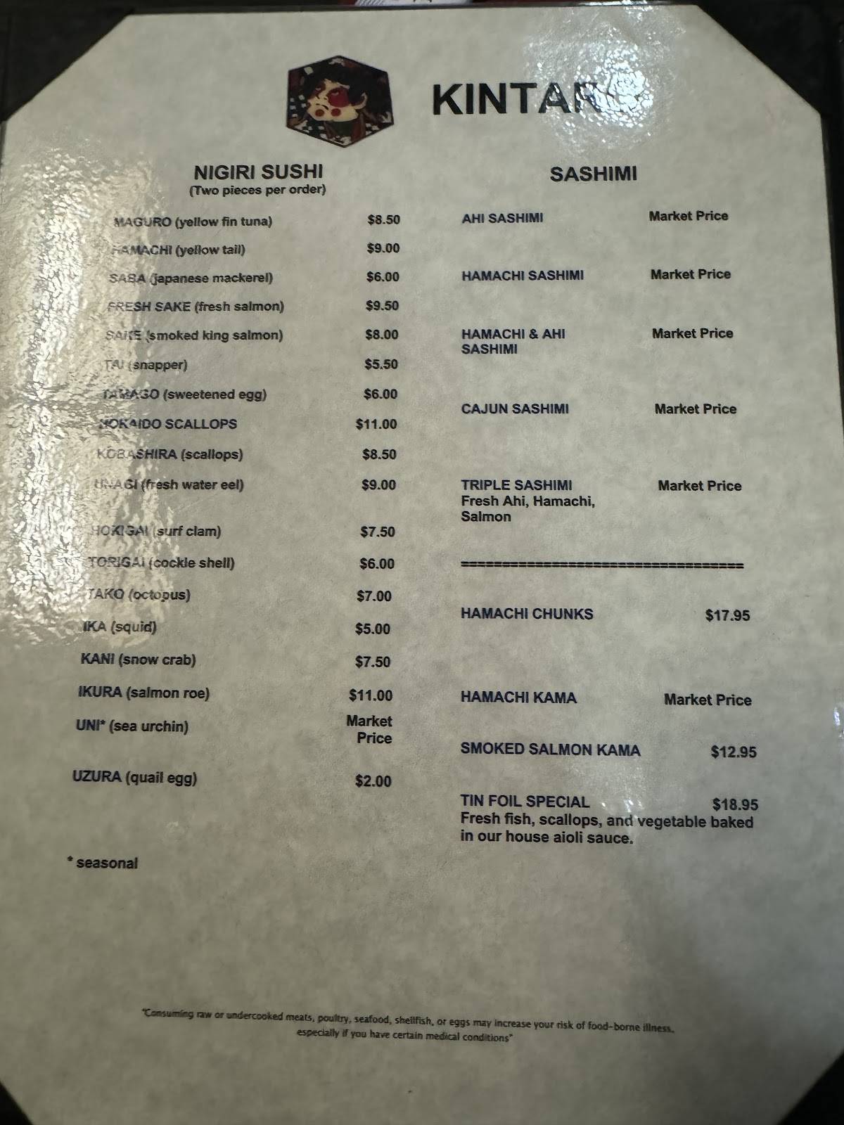 Menu at Kintaro Japanese Restaurant, Kapaa