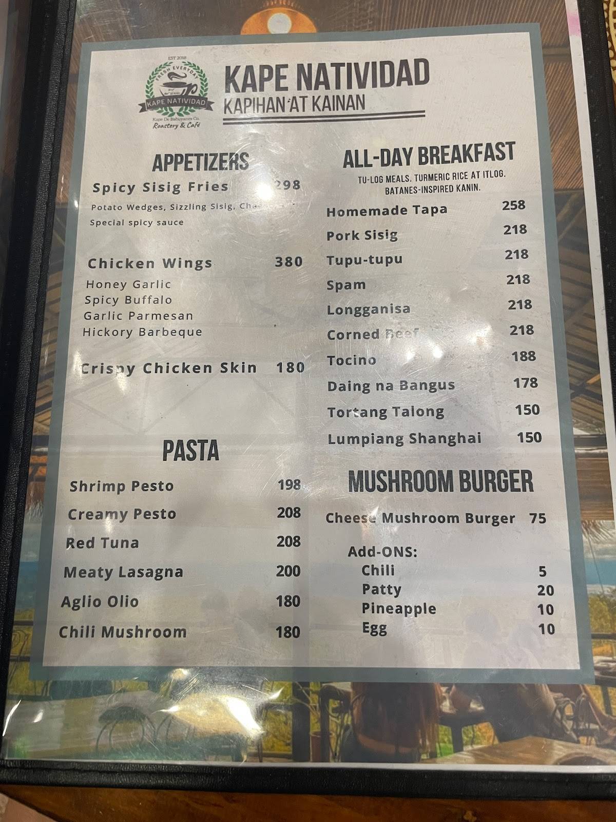Carta del restaurante Kape Natividad Marilaque Tanay, Rizal, Tanay