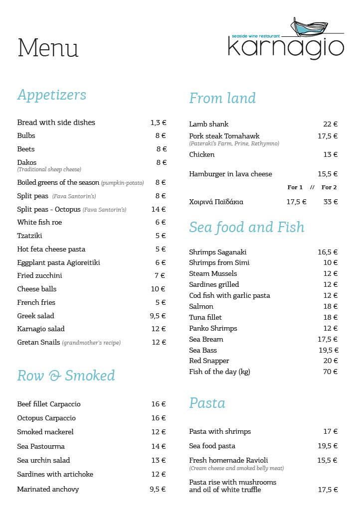 Menu at Karnagio Seaside Wine Restaurant, Rethimno
