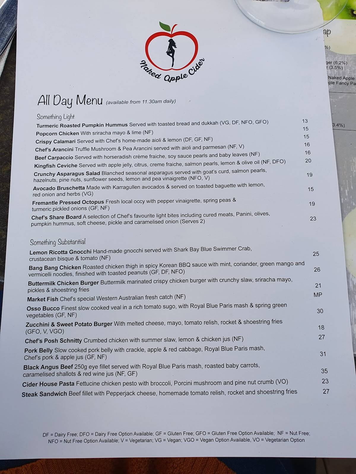 Menu at Naked Apple Cider House restaurant, Karragullen
