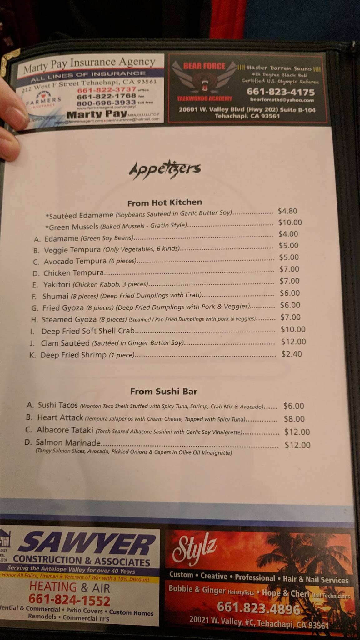 Menu at Kasagiri Restaurant, Tehachapi