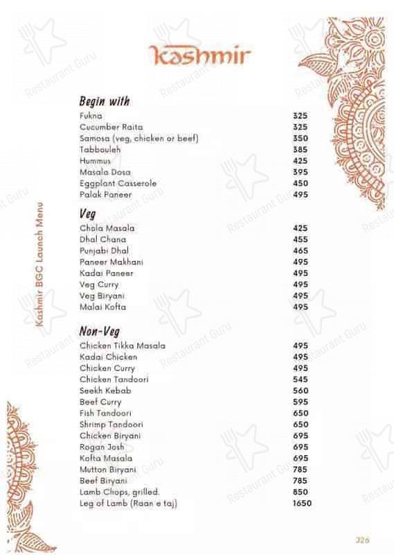 Menu at Kashmir BGC restaurant, Taguig