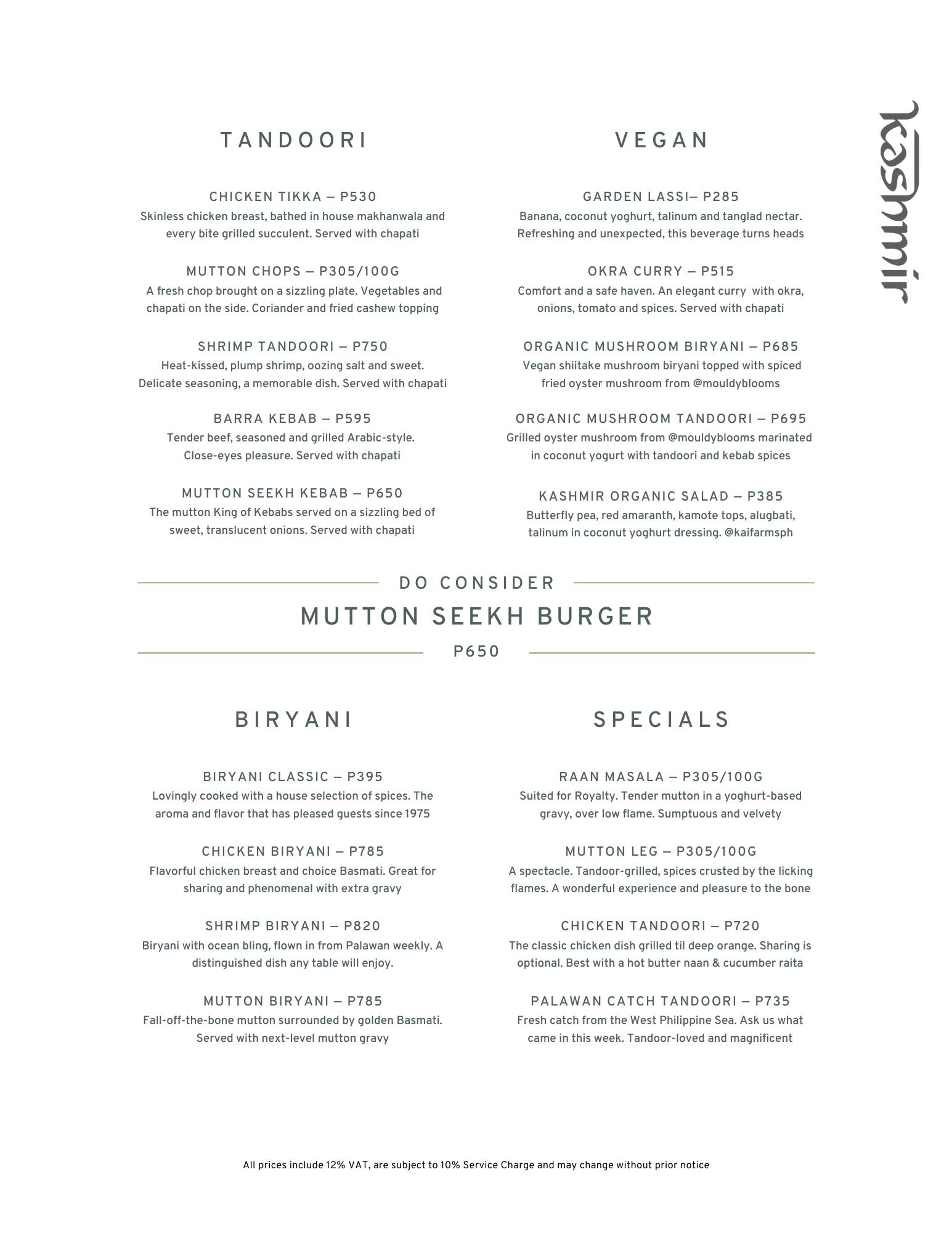 Menu at Kashmir BGC restaurant, Taguig
