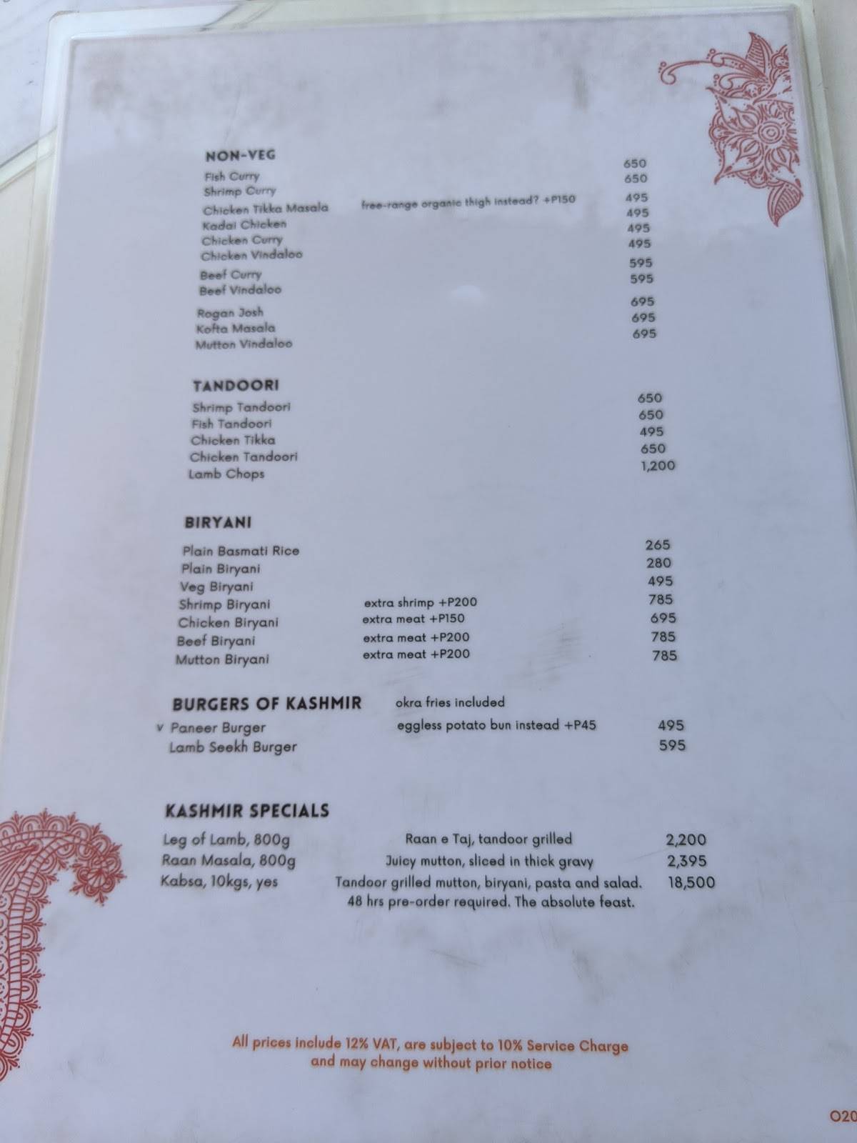 Menu at Kashmir BGC restaurant, Taguig