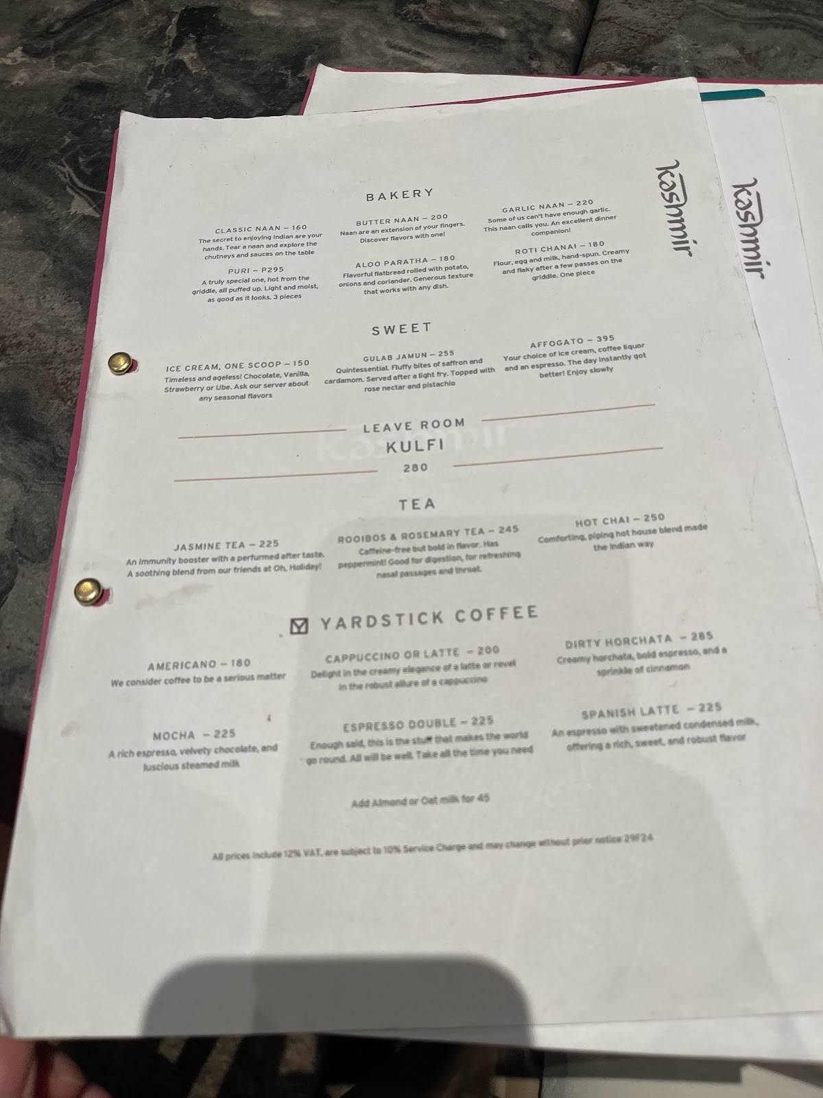 Carta del restaurante Kashmir BGC, Taguig