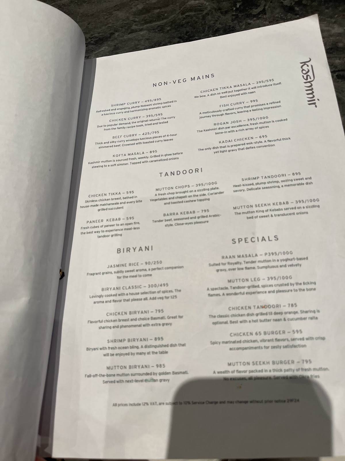 Carta del restaurante Kashmir BGC, Taguig