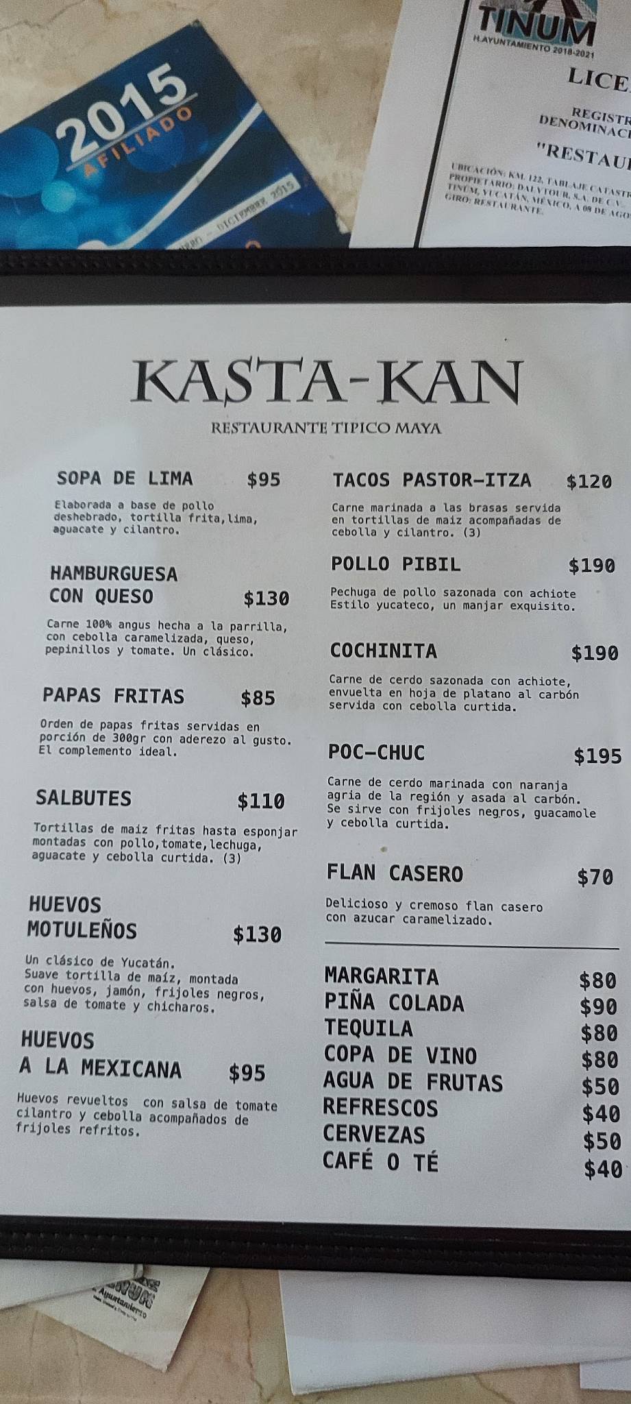 Menu at Kasta - Kan restaurant, Mexico, Carretera Mérida-Cancún Km. 122