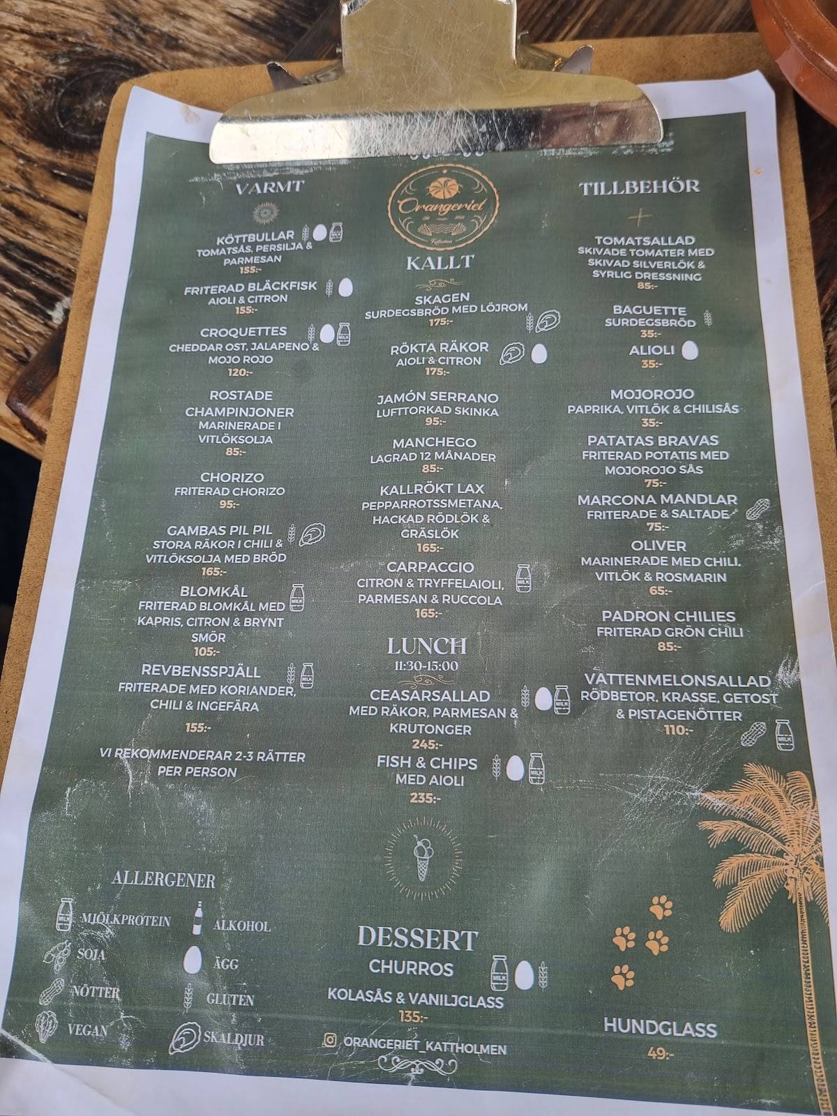 Menu at Kattholmen restaurant, Gustavsberg