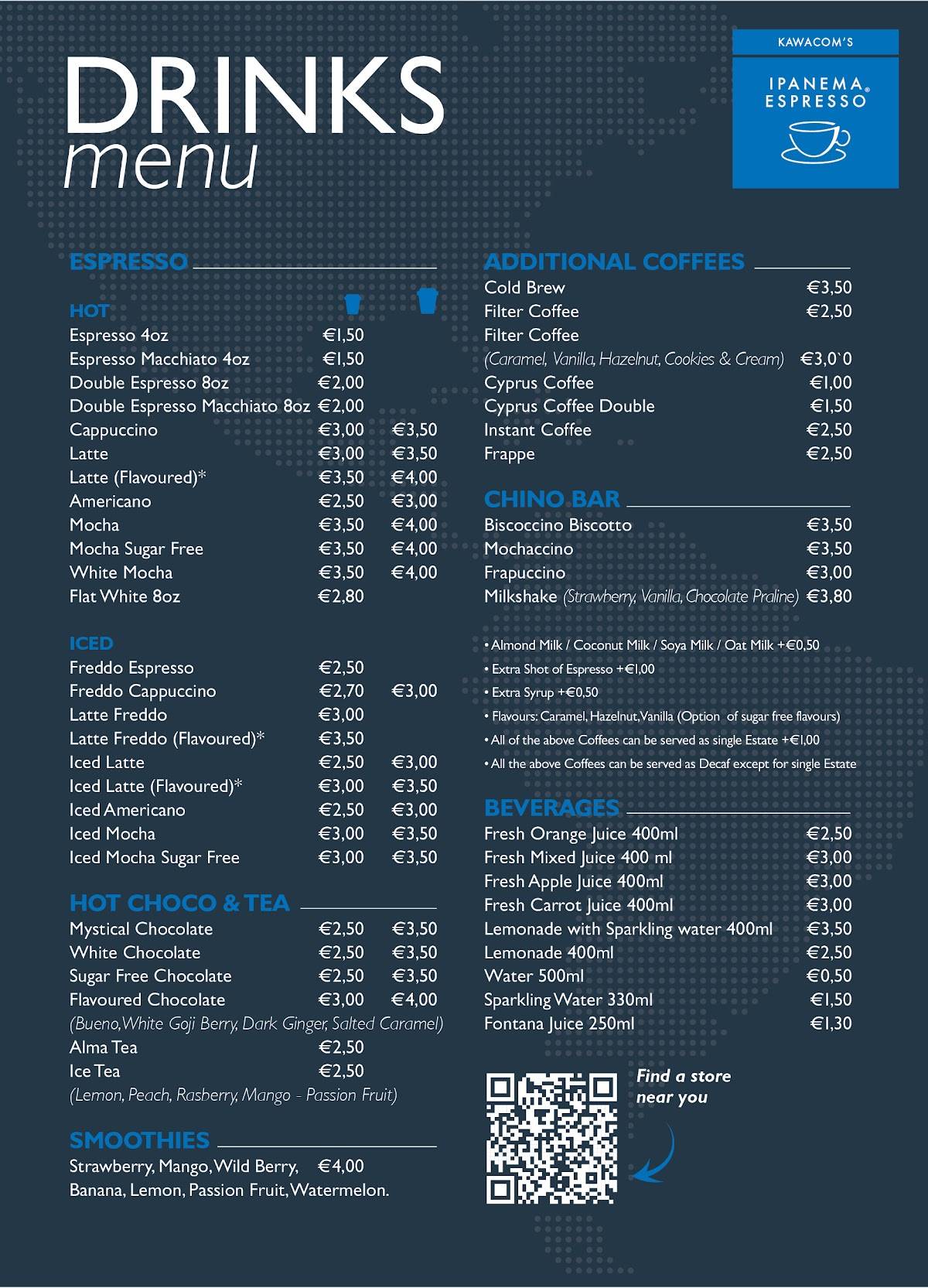 Menu at Kawacom's Ipanema Espresso Larnaka (Pattichi), Larnaca