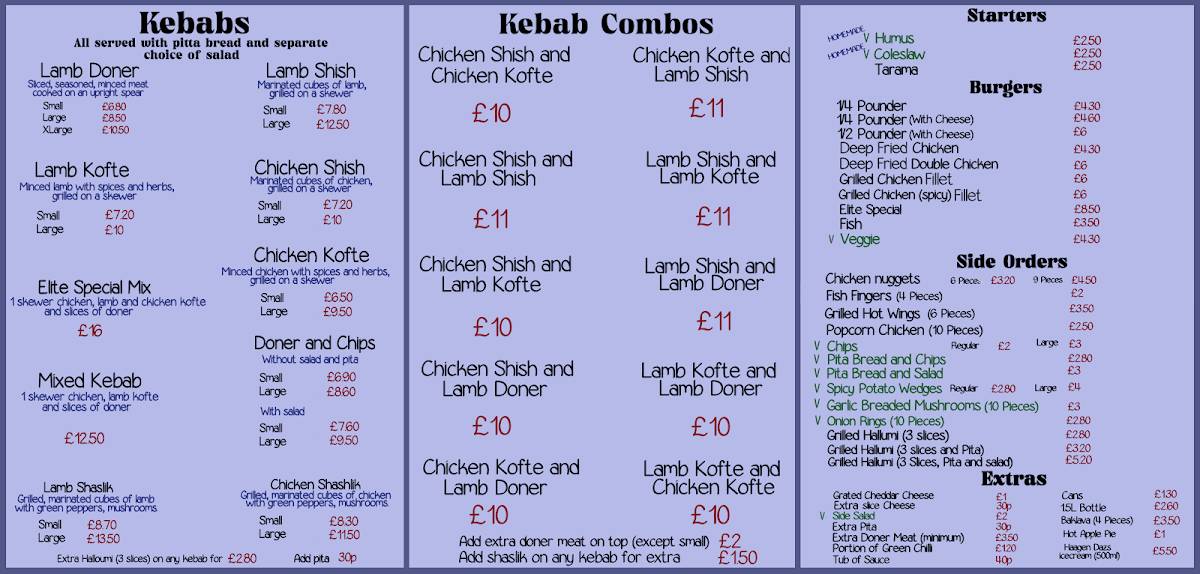Menu at Kebab Elite fast food, Maidenhead