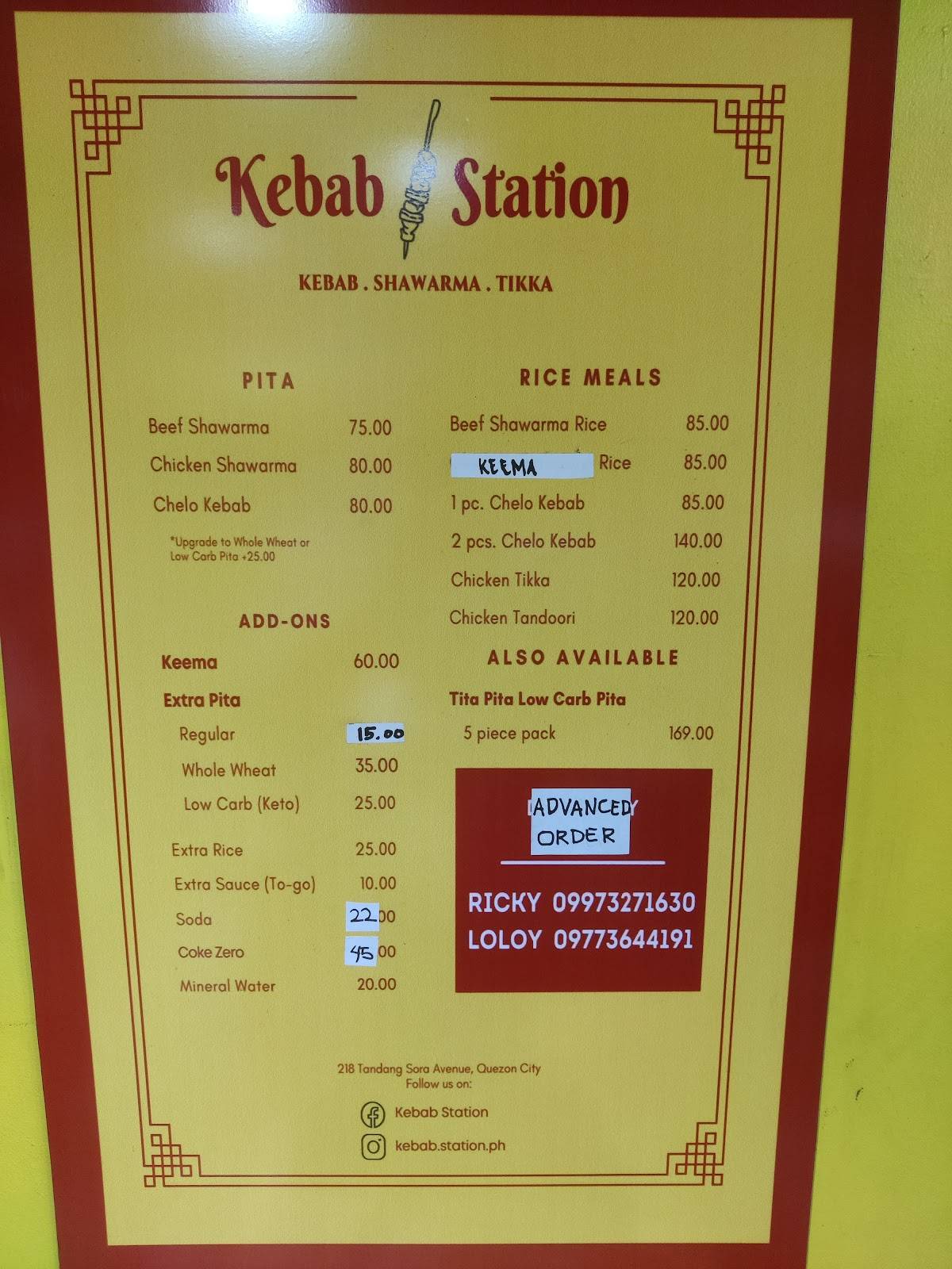 Carta del restaurante Kebab Station, Ciudad Quezon, 1116 Tandang Sora Ave
