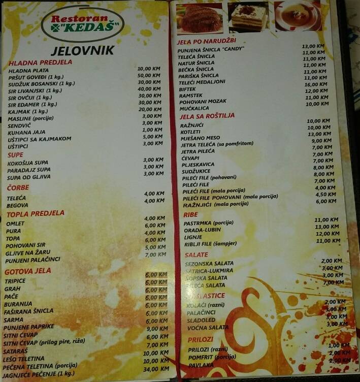 Menu at Kedaš restaurant, Sarajevo