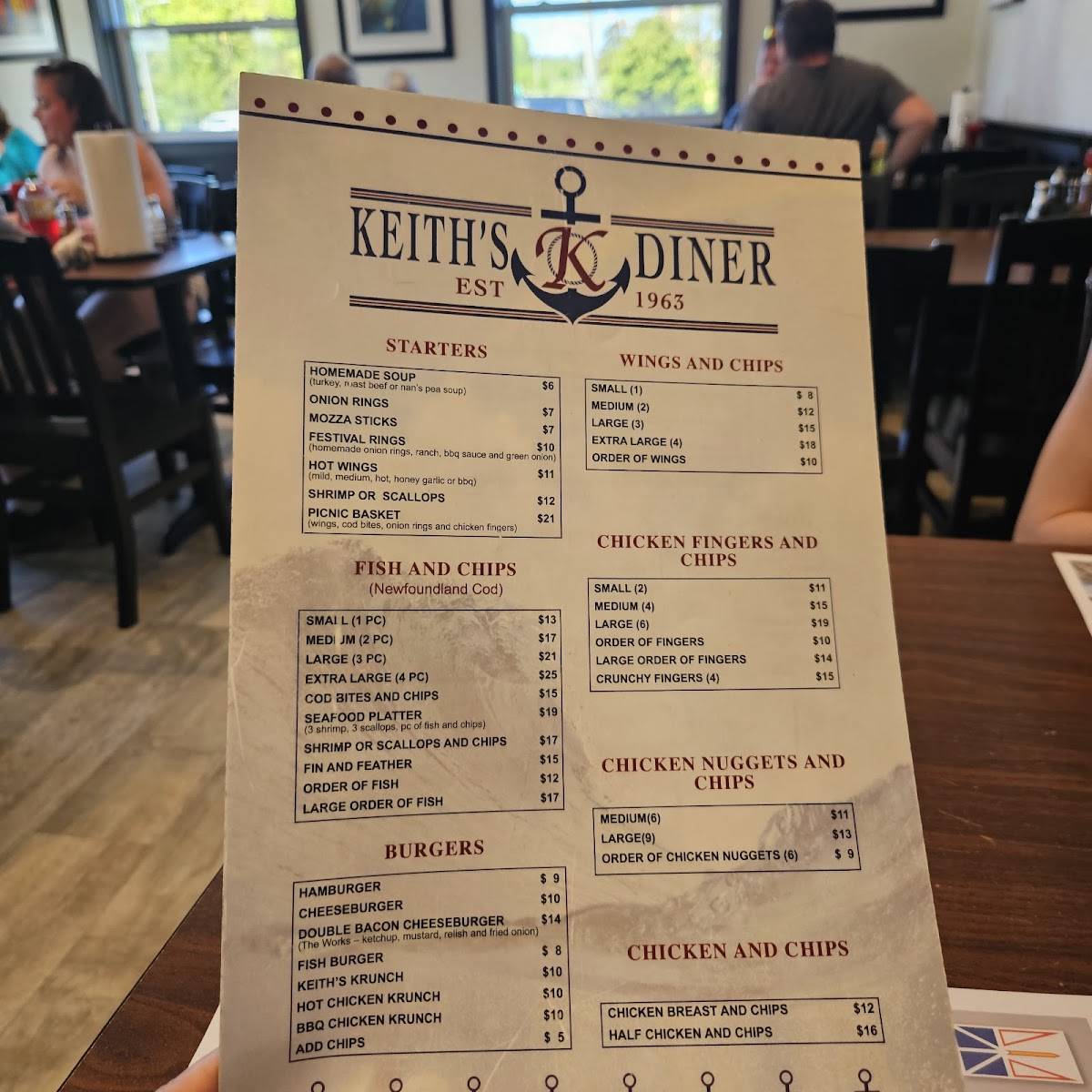 Menu at Keith's Diner restaurant, St. John's