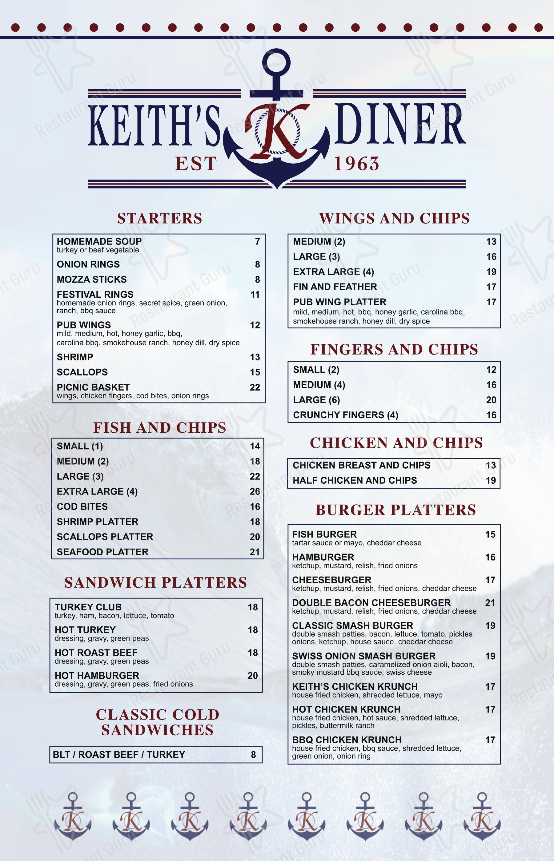 Menu at Keith's Diner restaurant, St. John's