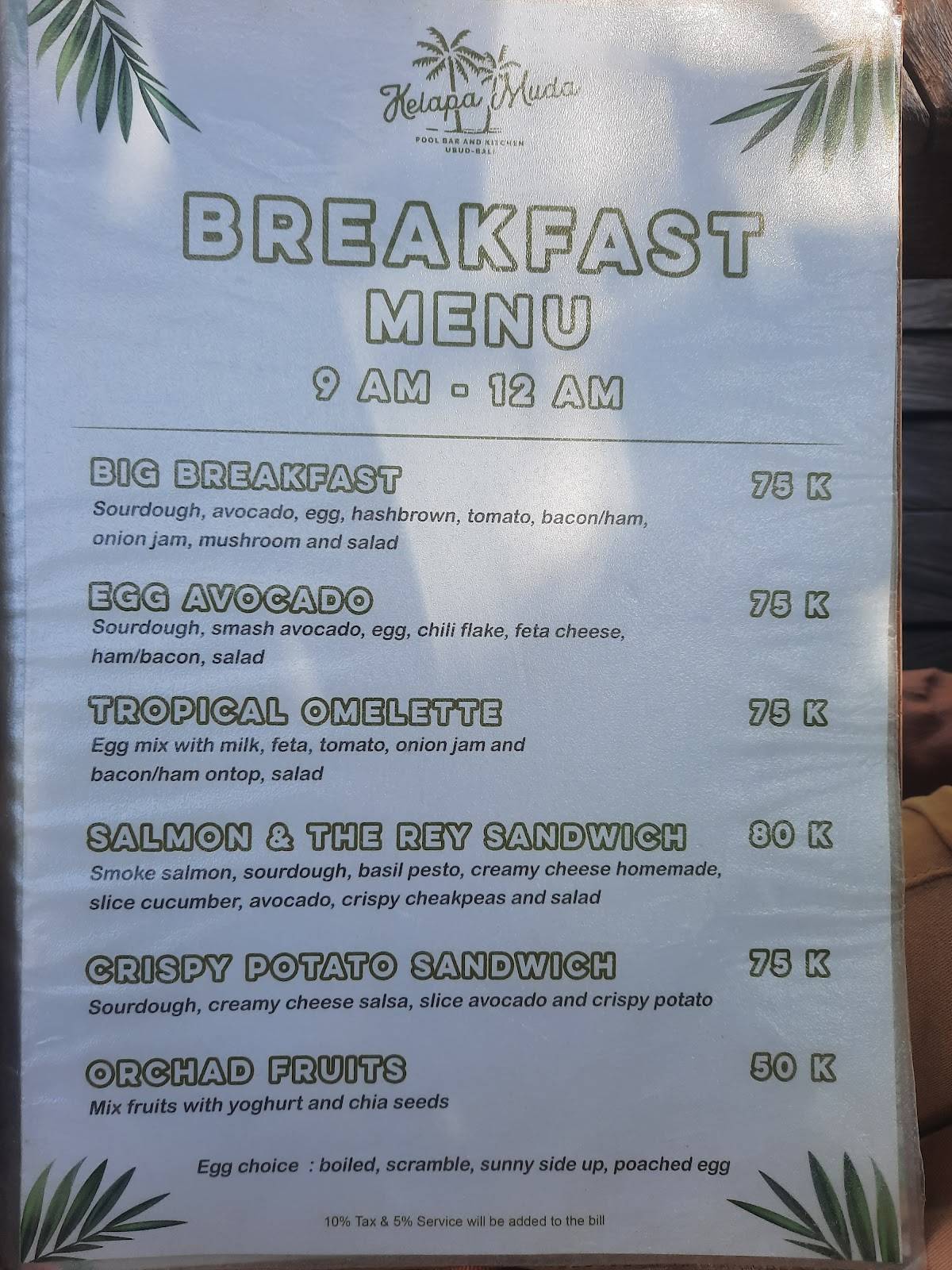 Menu at Kelapa Muda Ubud Pool Bar & Kitchen, Indonesia