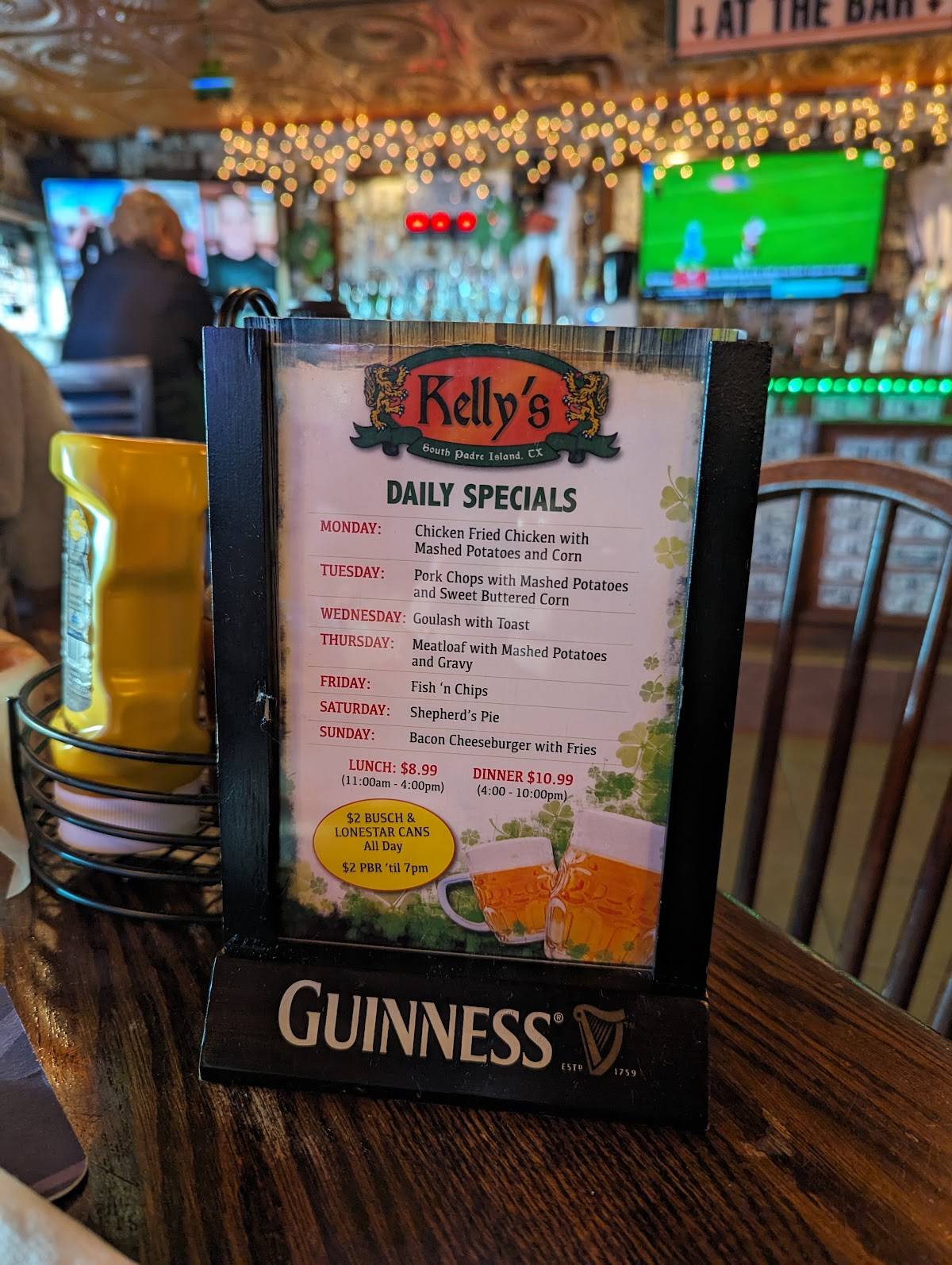 Menu at Kellys Irish Pub, South Padre Island