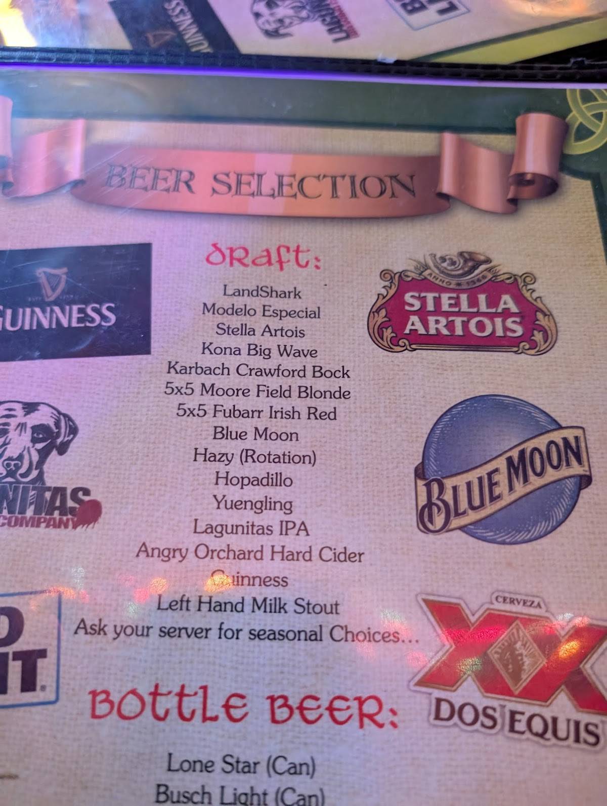 Menu at Kellys Irish Pub, South Padre Island