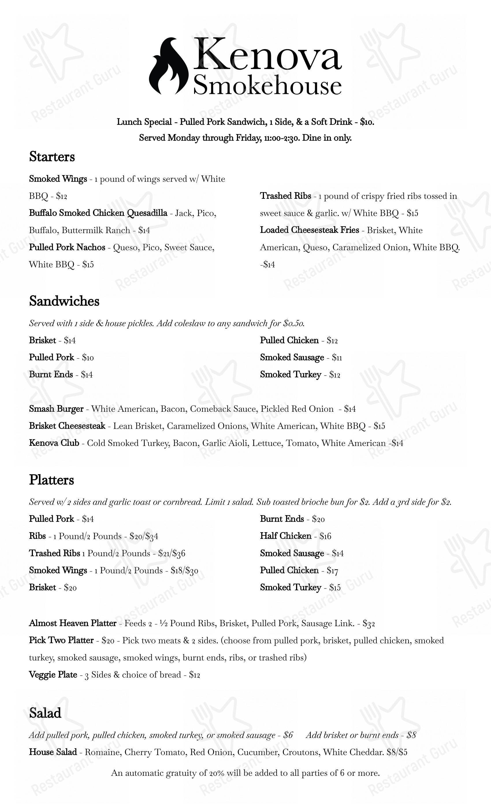 Menu at Kenova Smokehouse BBQ, Flowood, 640 Grants Ferry Rd
