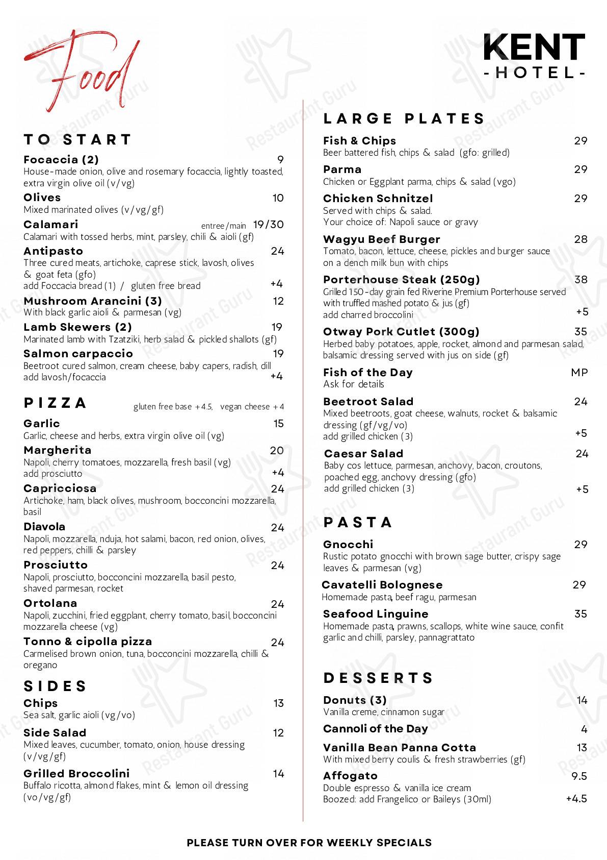 Menu at Kent Hotel pub & bar, Carlton North