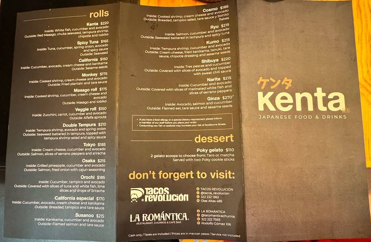 Menu at Kenta Japanese Food restaurant, Puerto Vallarta