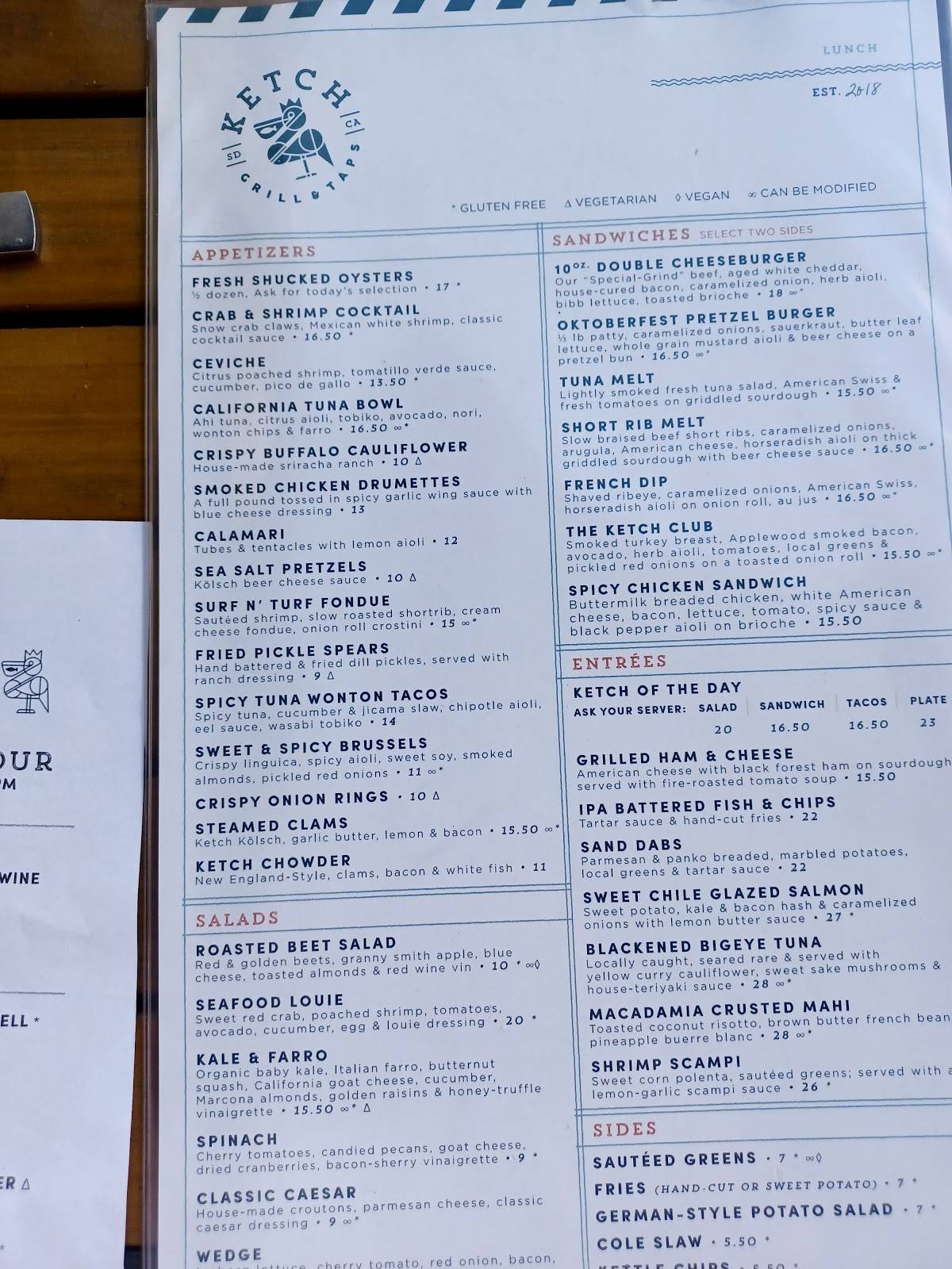 Menu at Ketch Grill and Taps pub & bar, San Diego, Shelter Island Dr