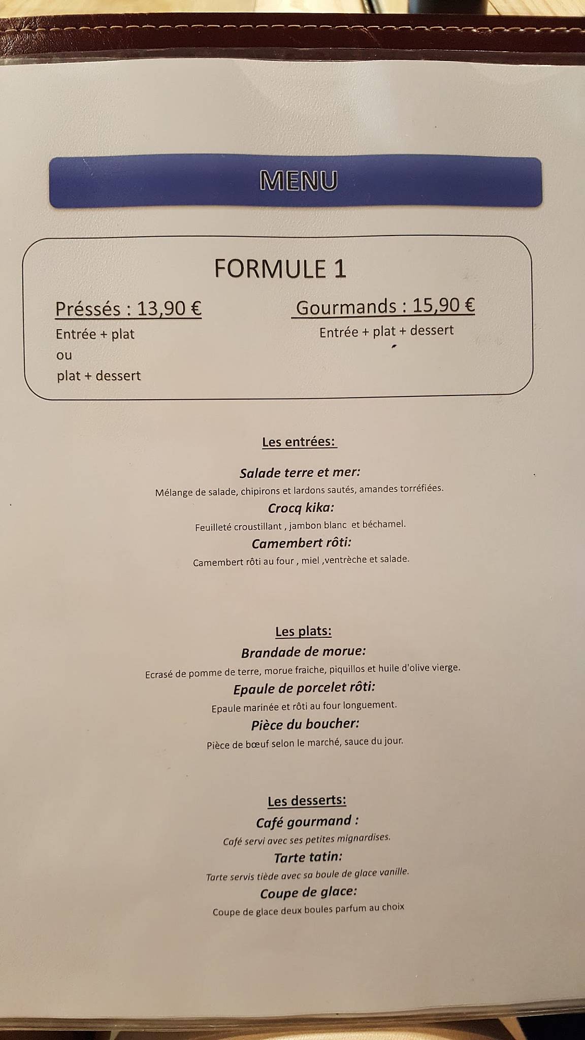 Carta del restaurante Kika, San Juan del Luz