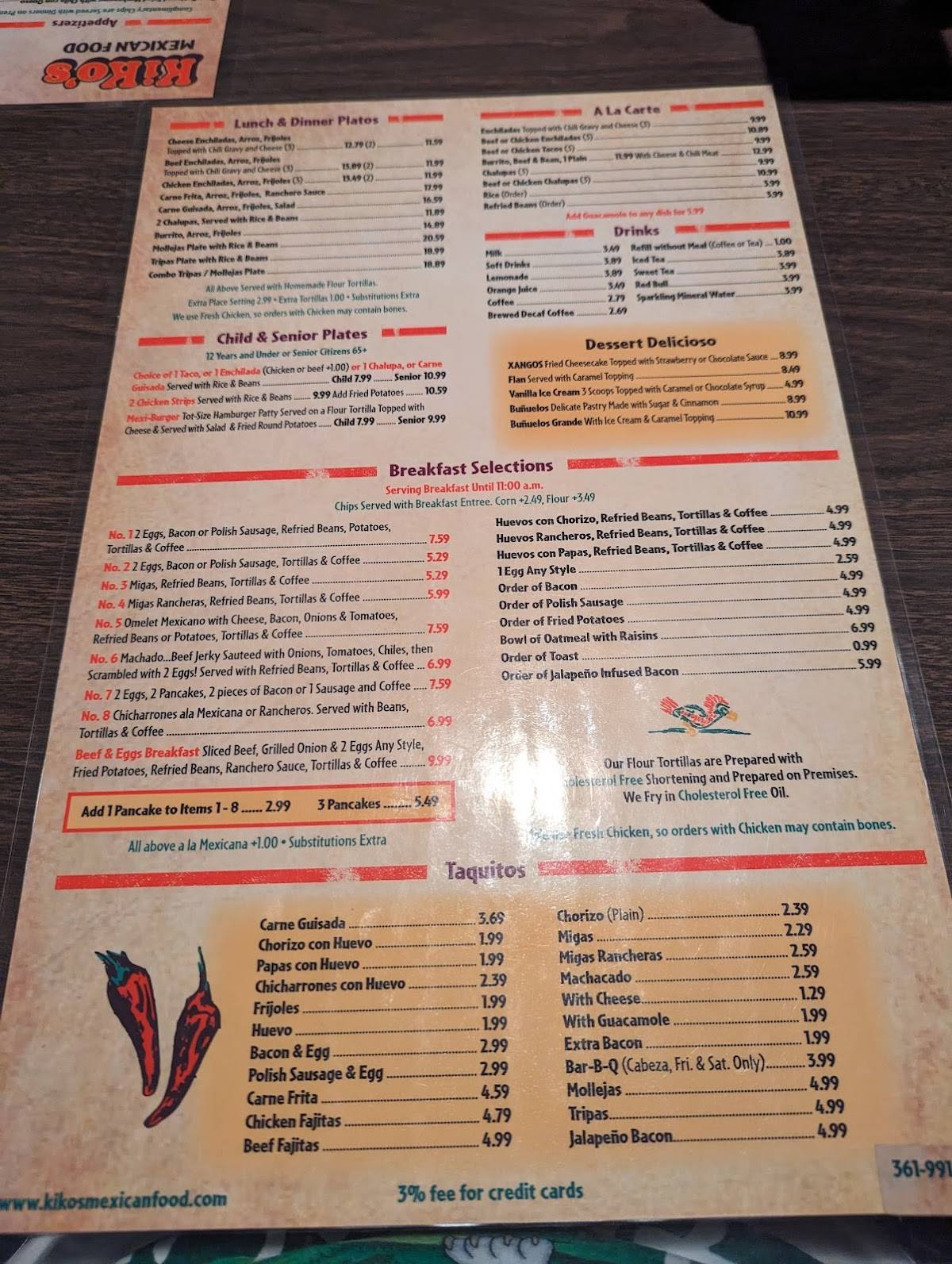 Menu at Kiko's Mexican Food Restaurant & Cantina, Corpus Christi
