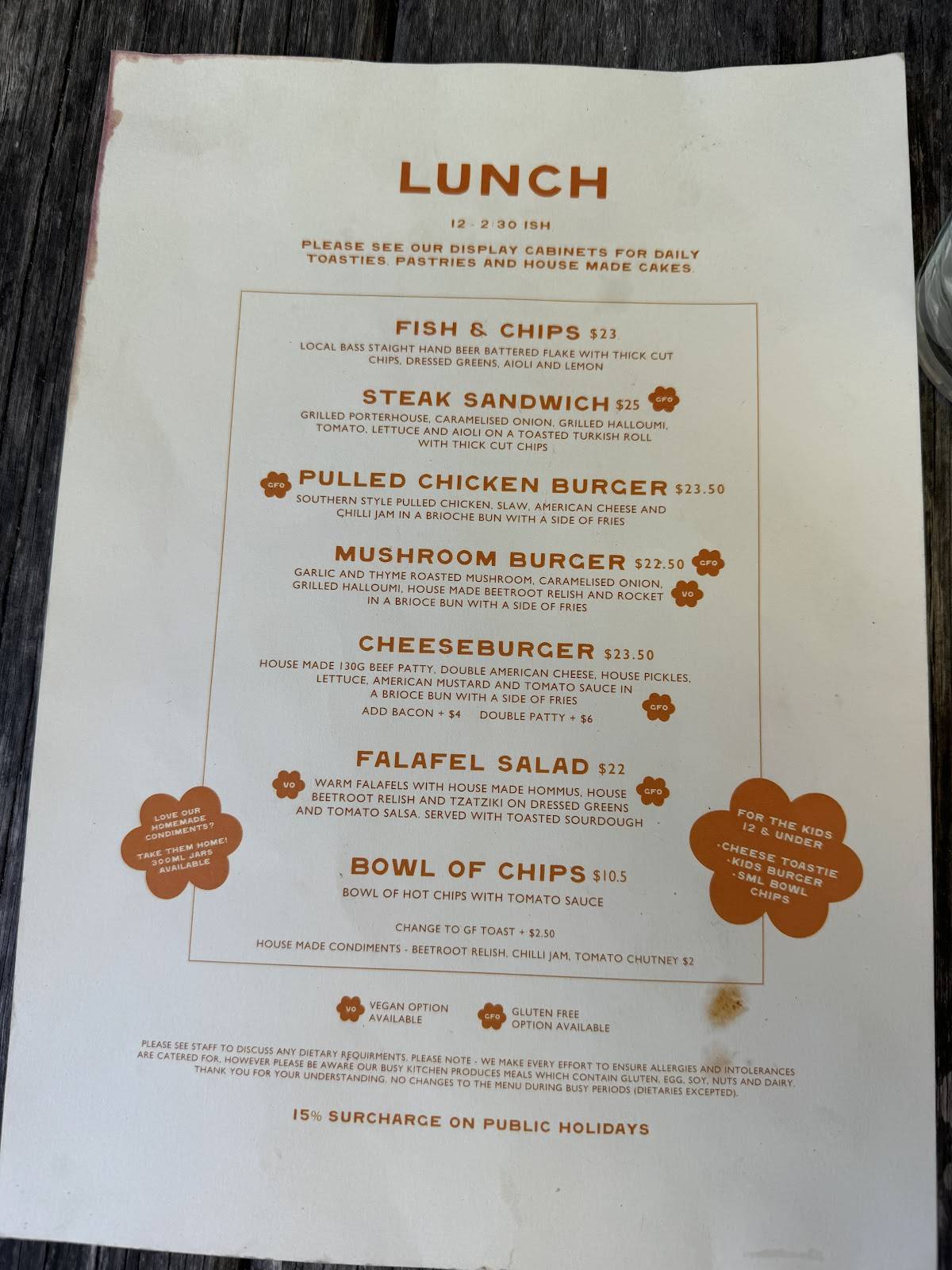 Menu at Kilcunda General Store cafe, Kilcunda