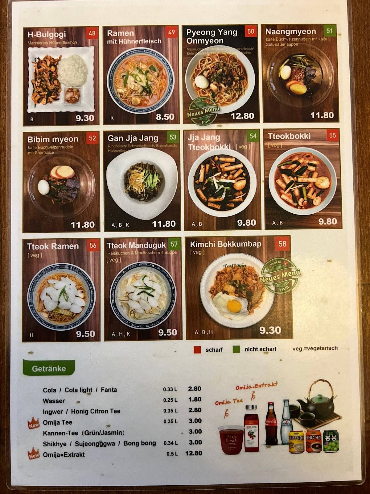 Menu at Kimchi restaurant, Aachen