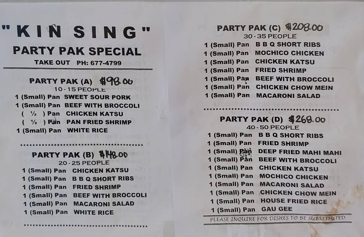 Menu at Kin Sing Chinese Fast Food, Waipahu