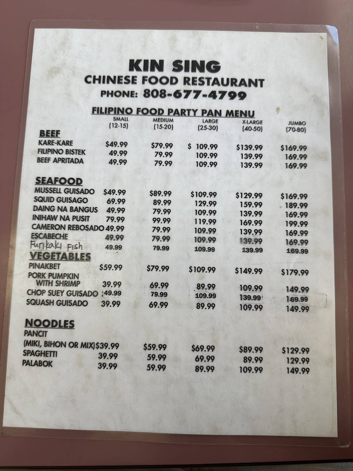 Menu at Kin Sing Chinese Fast Food, Waipahu