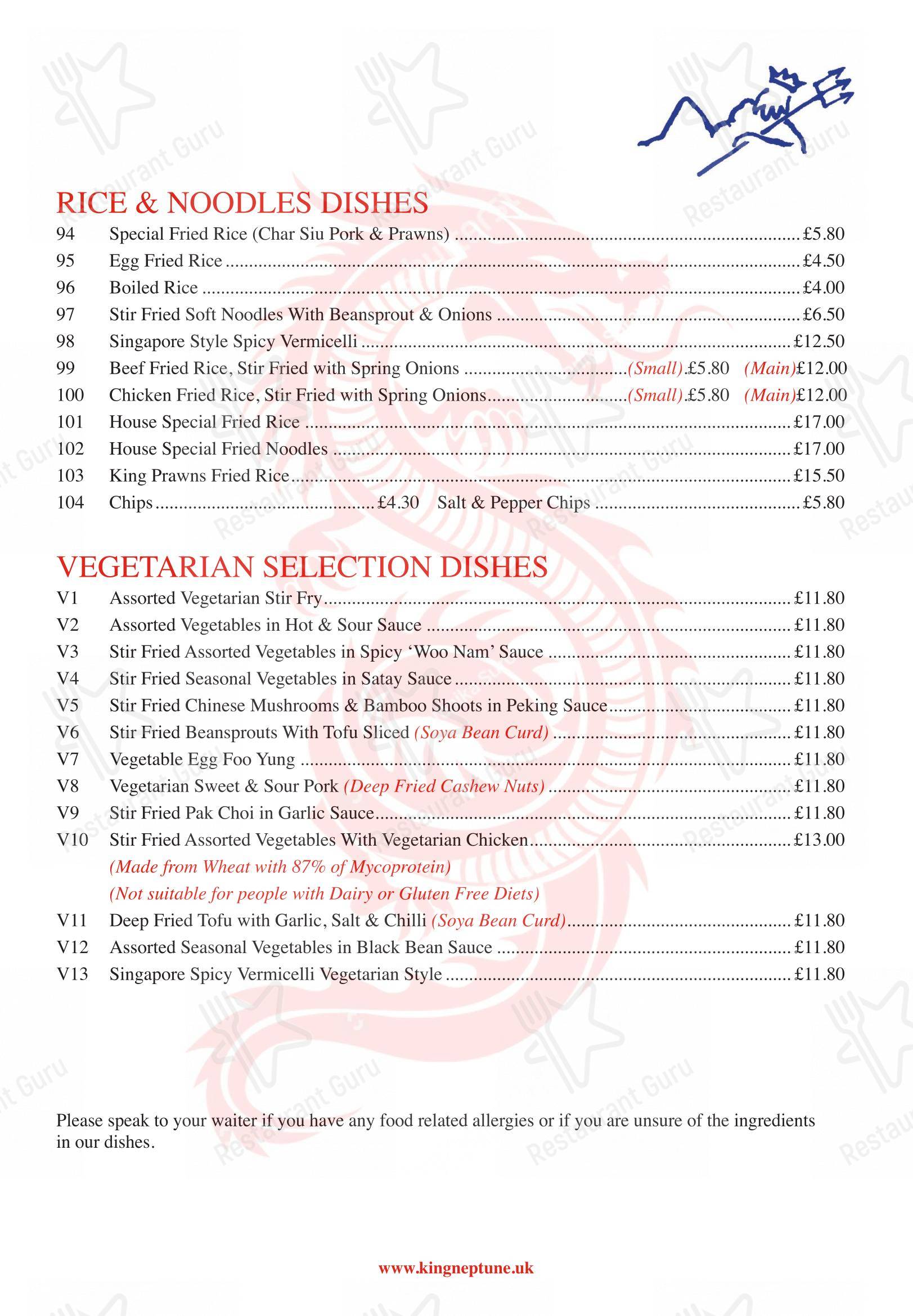Menu at King Neptune restaurant, Newcastle upon Tyne, Parkside