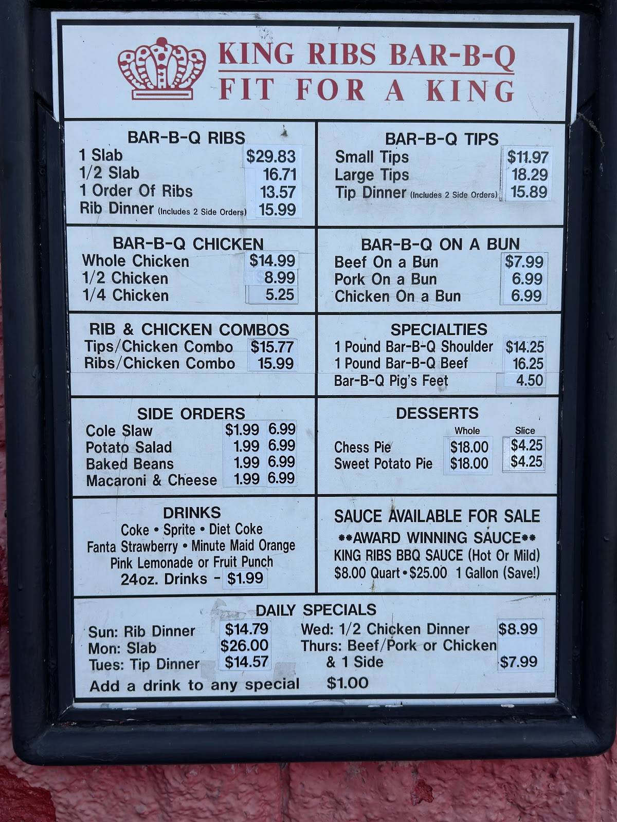 Menu at King Ribs Bar-B-Q, Indianapolis, N Keystone Ave