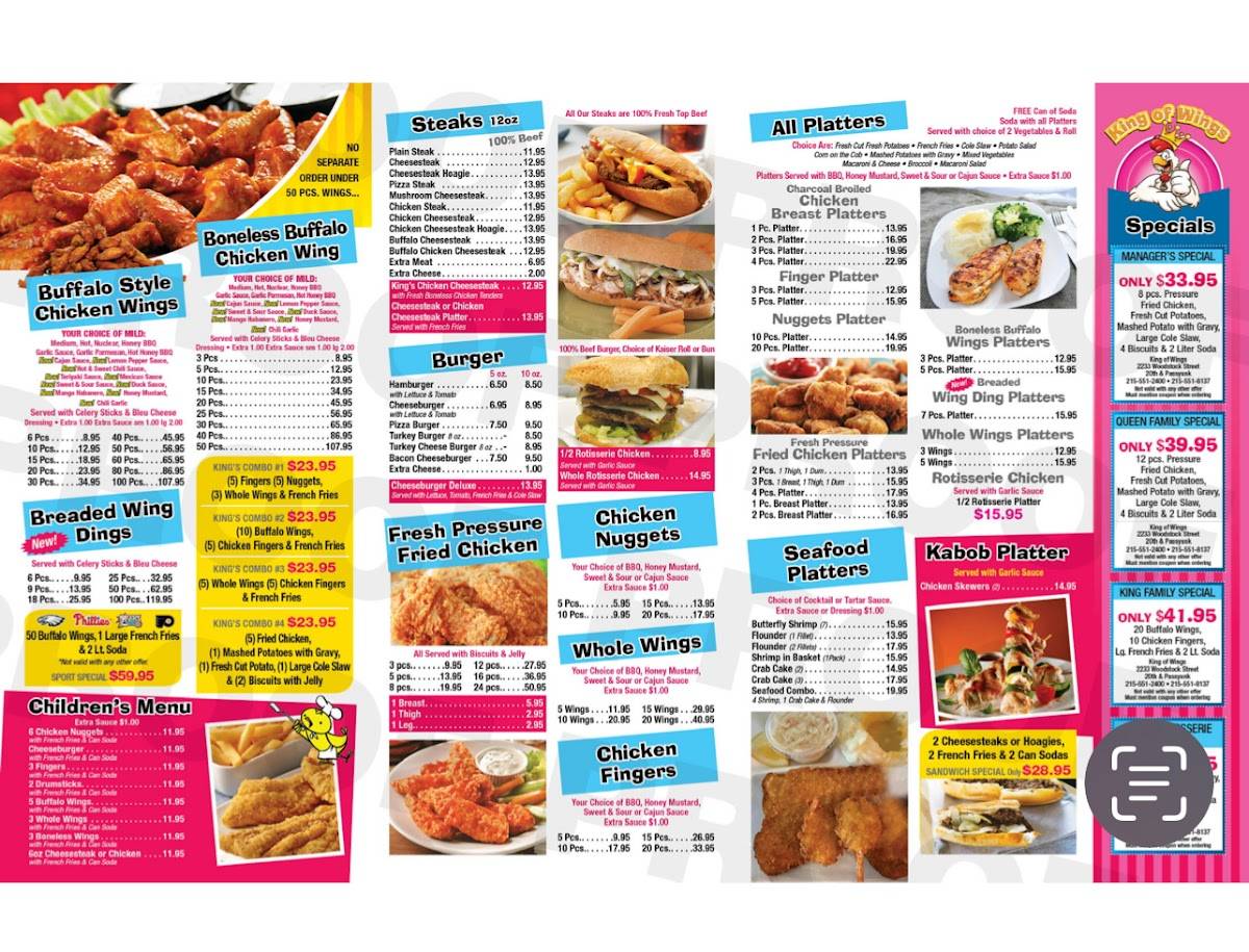 Carta del restaurante King of Wings, Filadelfia, S Woodstock St