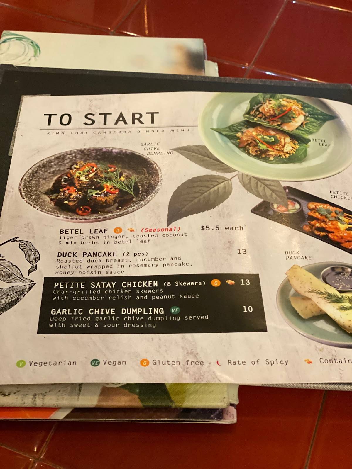 Menu at Kinn Thai restaurant, Canberra