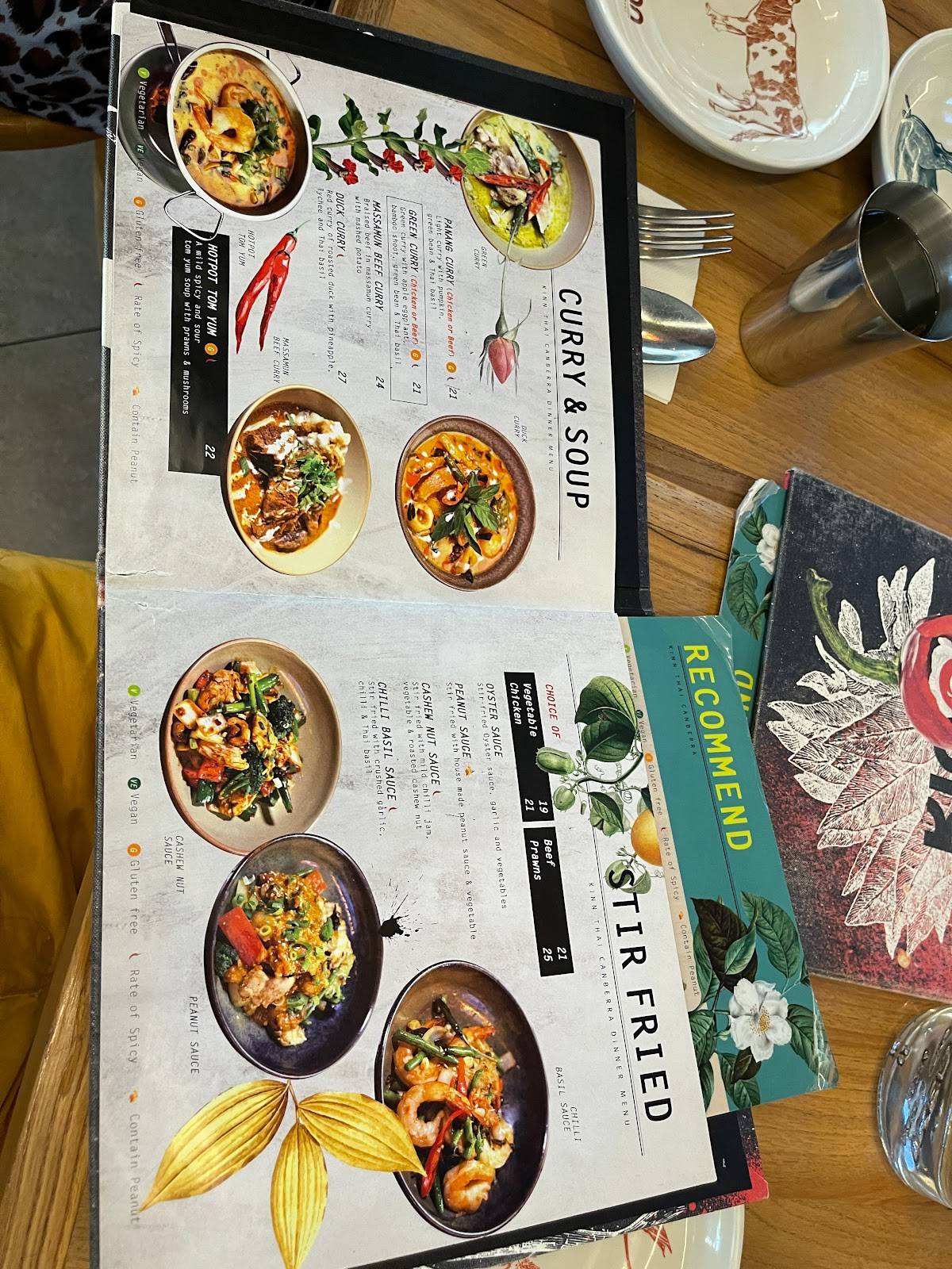 Menu at Kinn Thai restaurant, Canberra