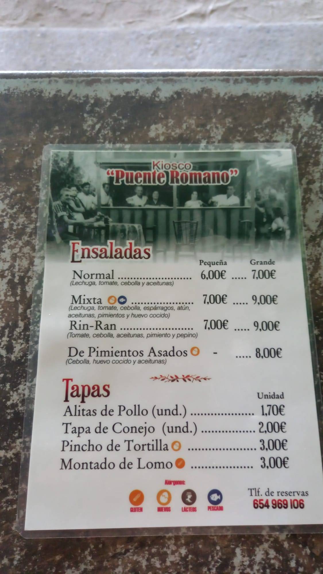 Carta del pub y bar Kiosco Puente Romano, Talavera del la Reina