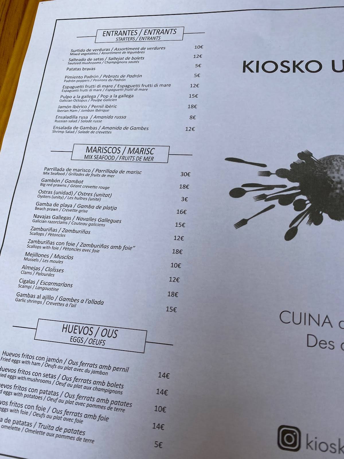 Menu at Kiosko Universal restaurant, Barcelona