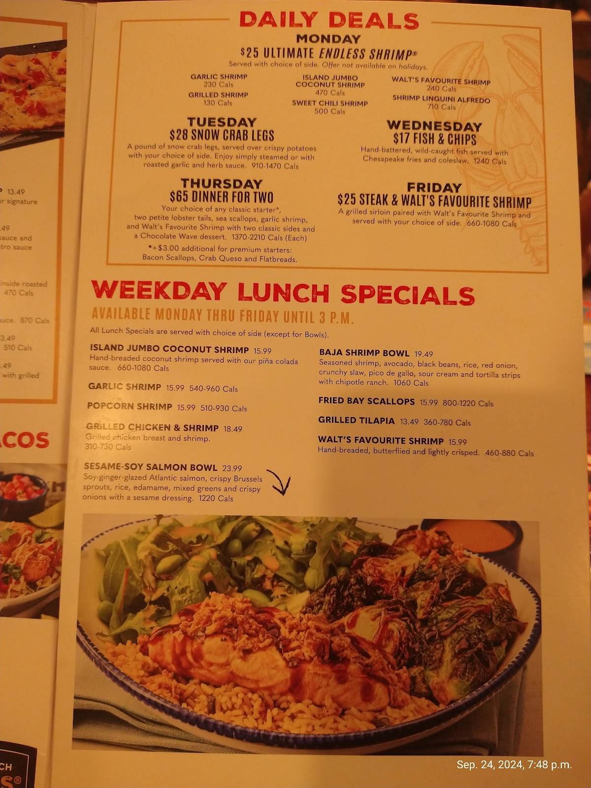 Menu at Red Lobster restaurant, Kitchener