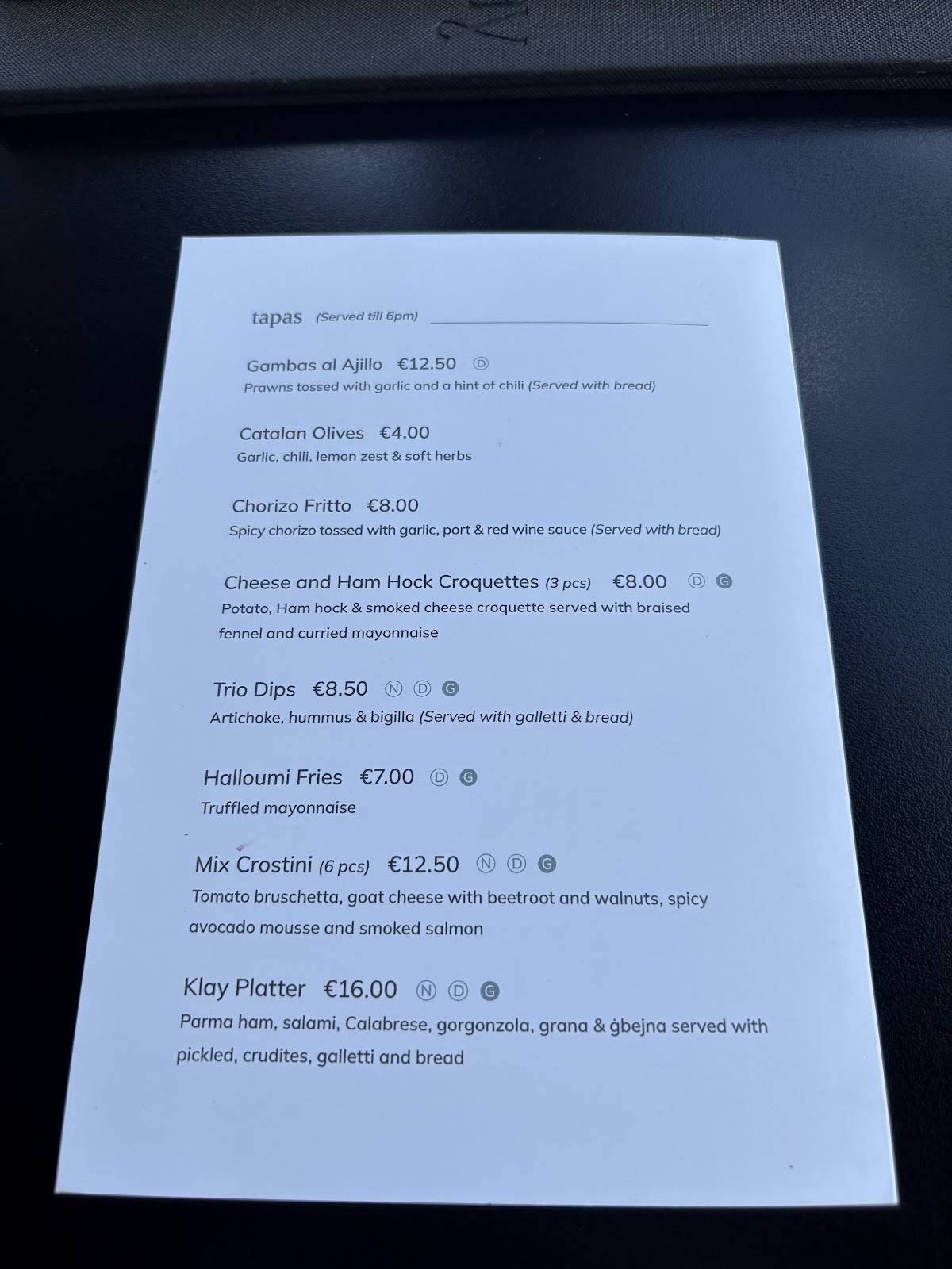 Menu at Klay restaurant, Saint Julian's