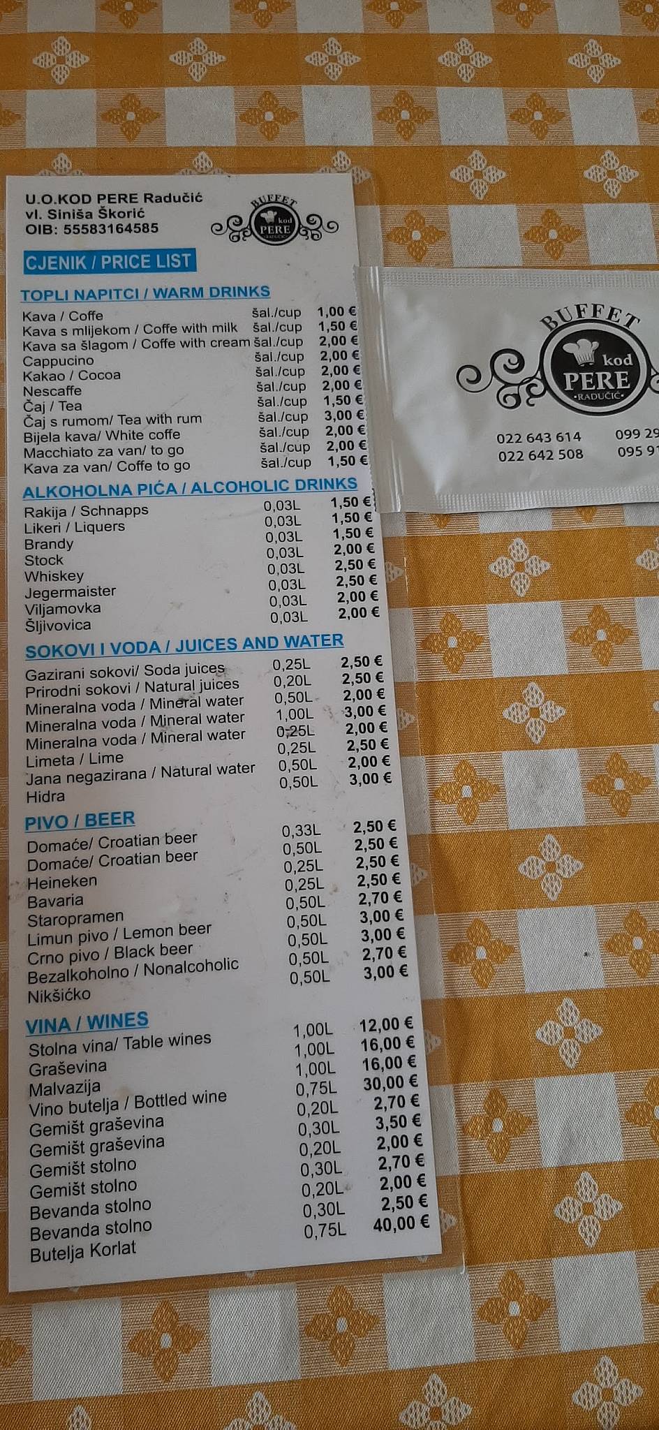 Menu at Kod Pere restaurant, Radučić