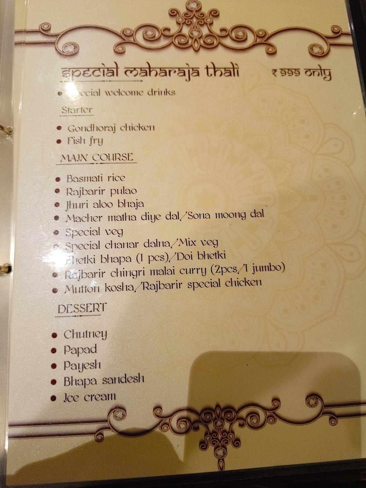 Menu at Kolkata Rajbari, Kolkata