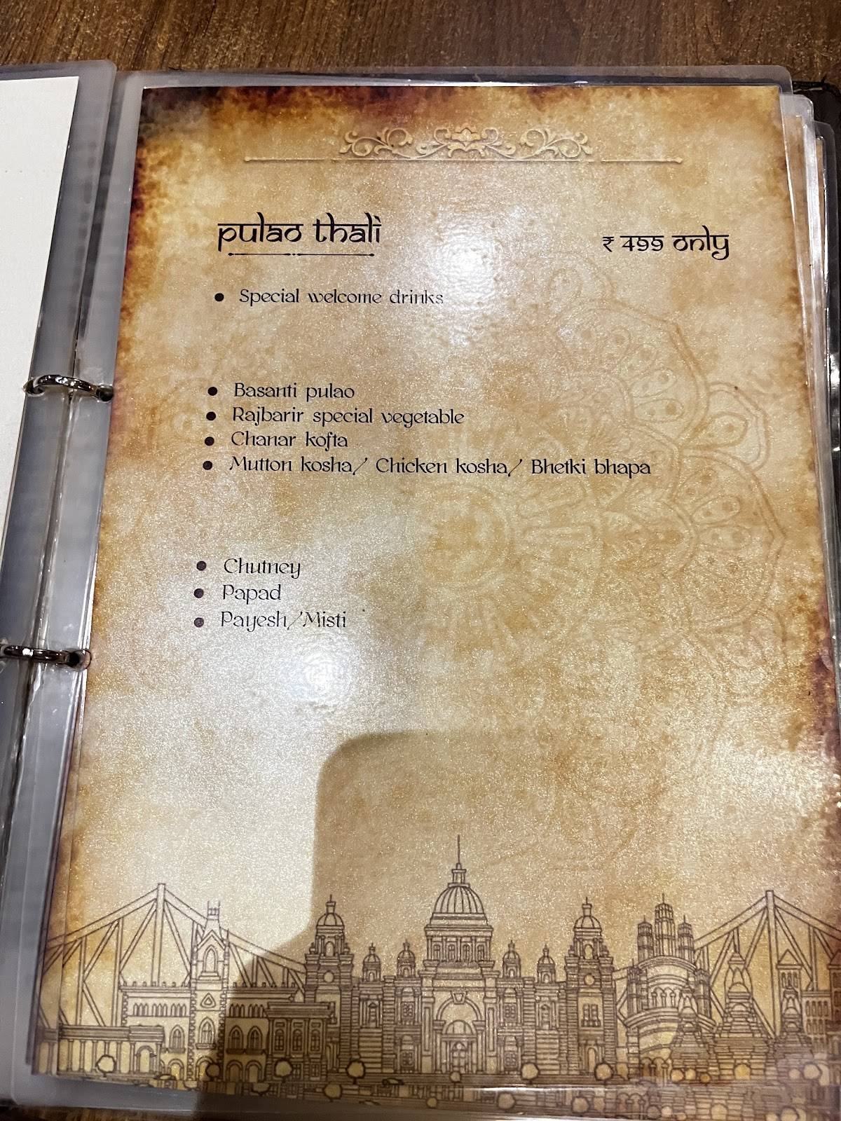 Menu at Kolkata Rajbari, Kolkata