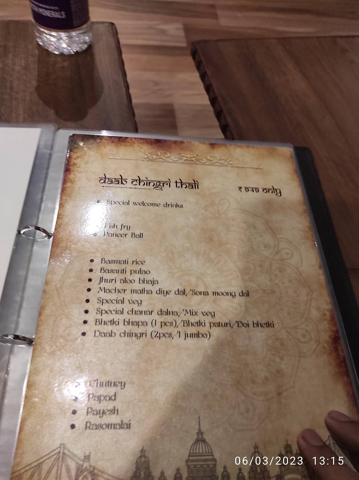 Menu at Kolkata Rajbari, Kolkata