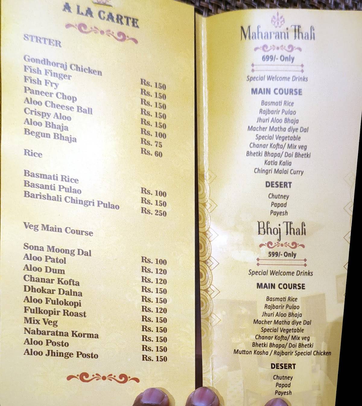 Menu at Kolkata Rajbari, Kolkata