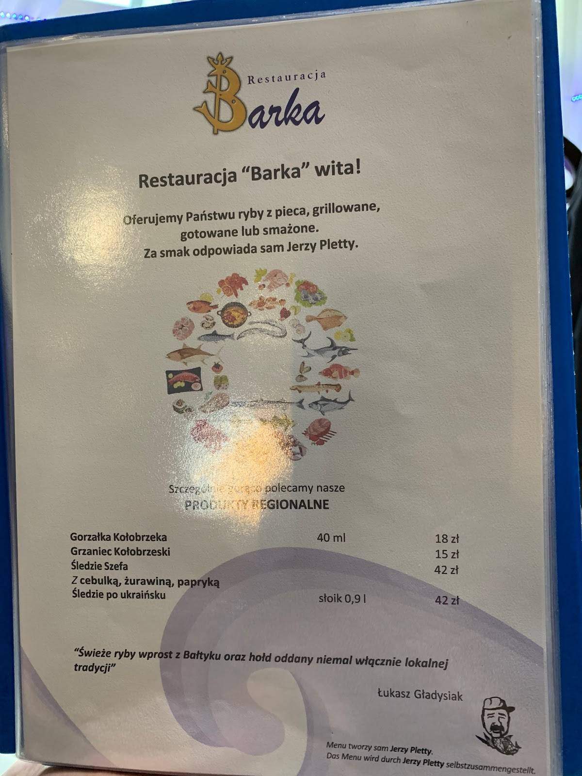 Menu at Restauracja Barka, Kolobrzeg