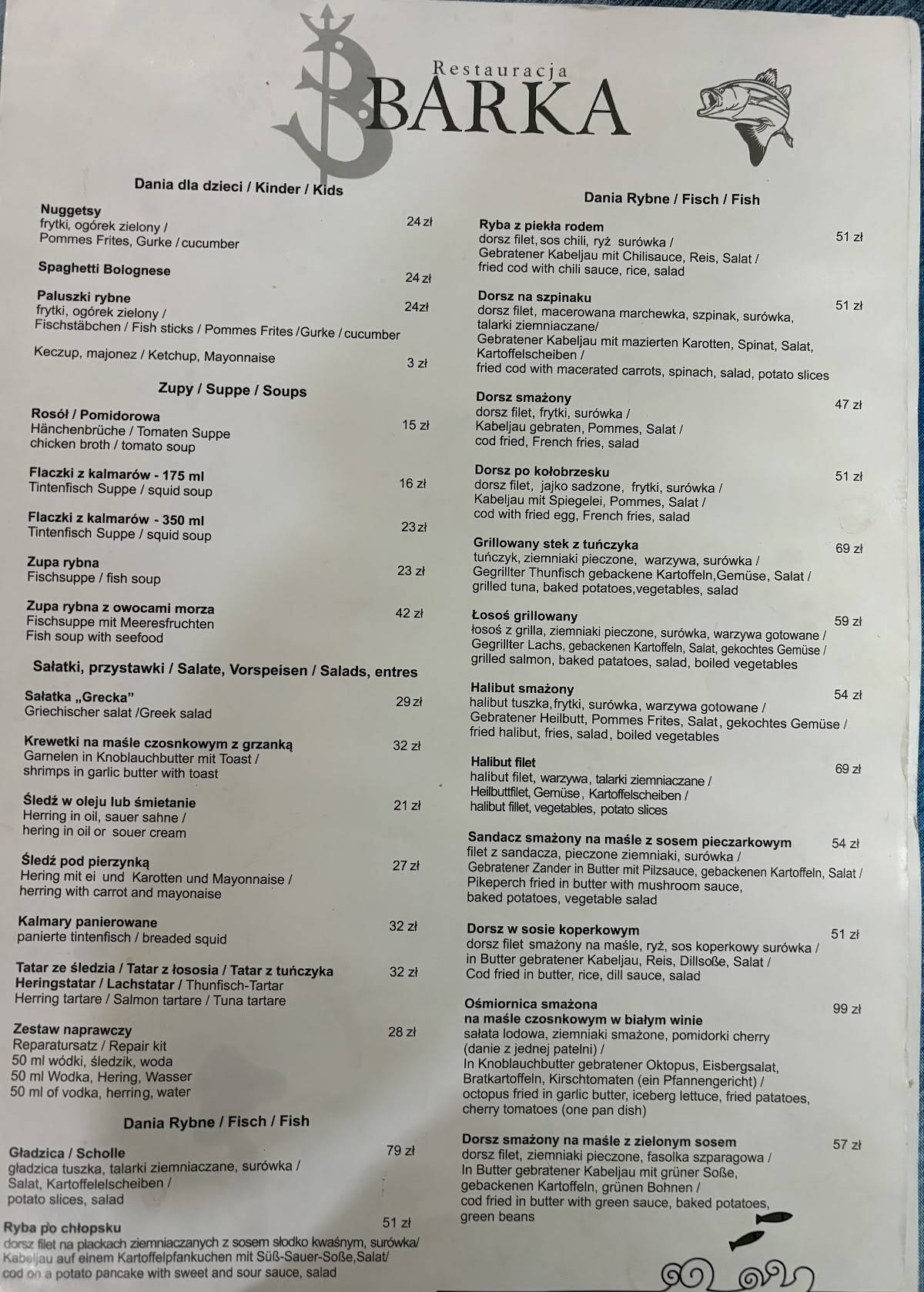Menu at Restauracja Barka, Kolobrzeg