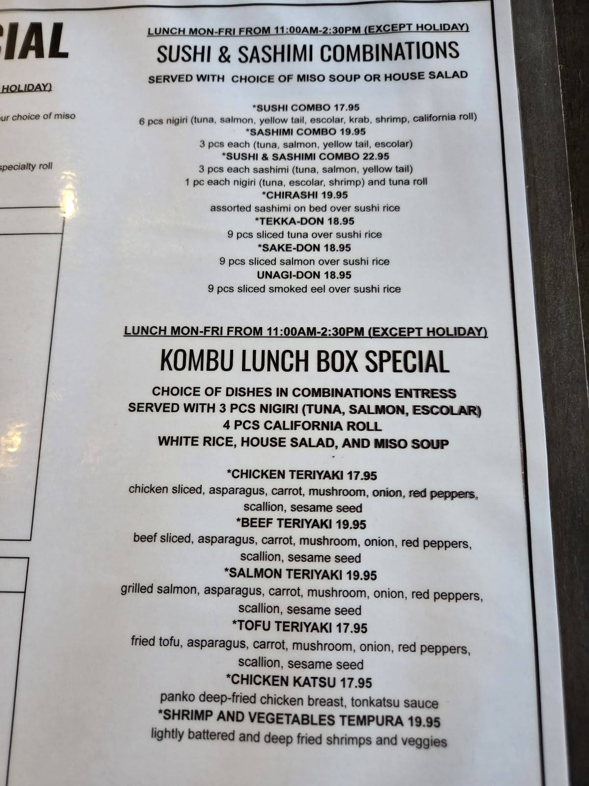 Menu at Kombu Sushi Ramen restaurant, Winter Park