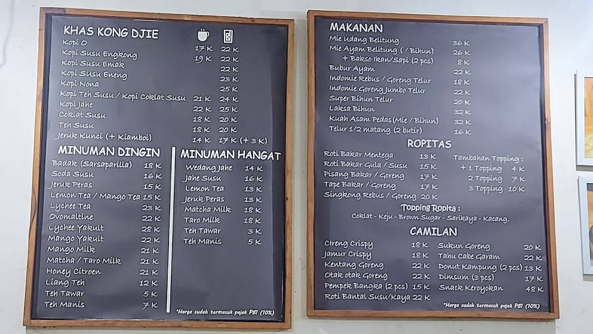 Carta del café Kong Djie Coffee Pasar Modern BSD, Tangerang del Sur