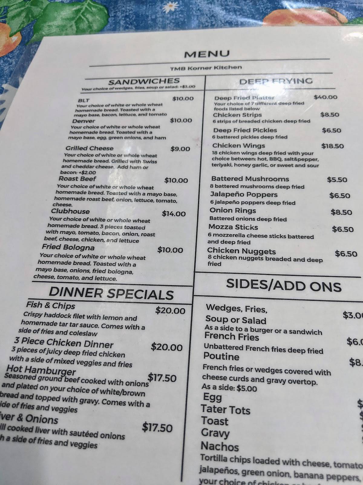 Menu at Korner Kitchen cafe, Kinuso